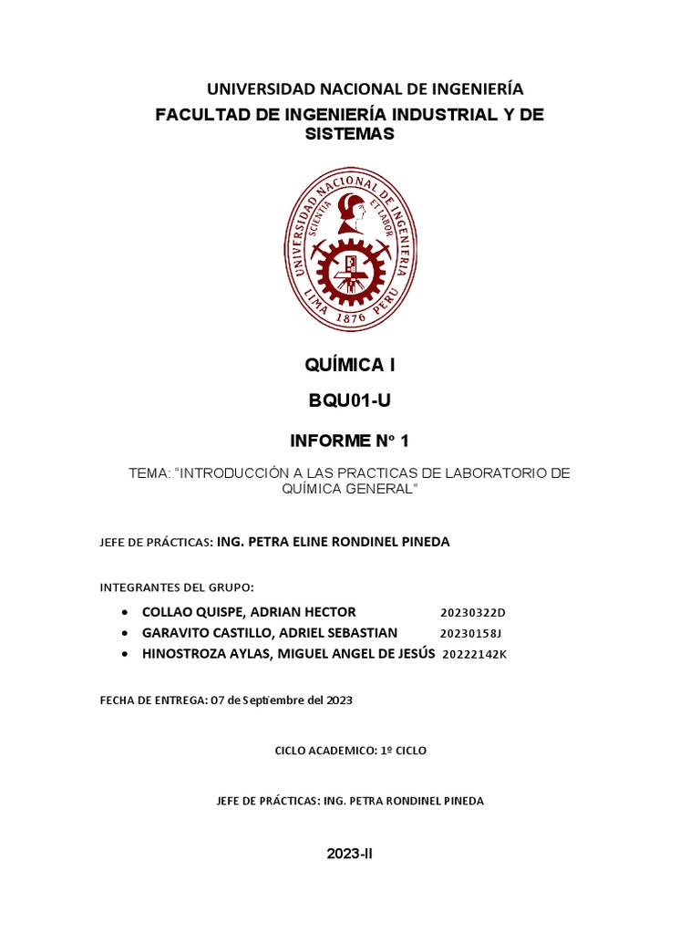 Caratula Bqu01-U (Informe Nº1) | PDF | Conductividad térmica | Laboratorios