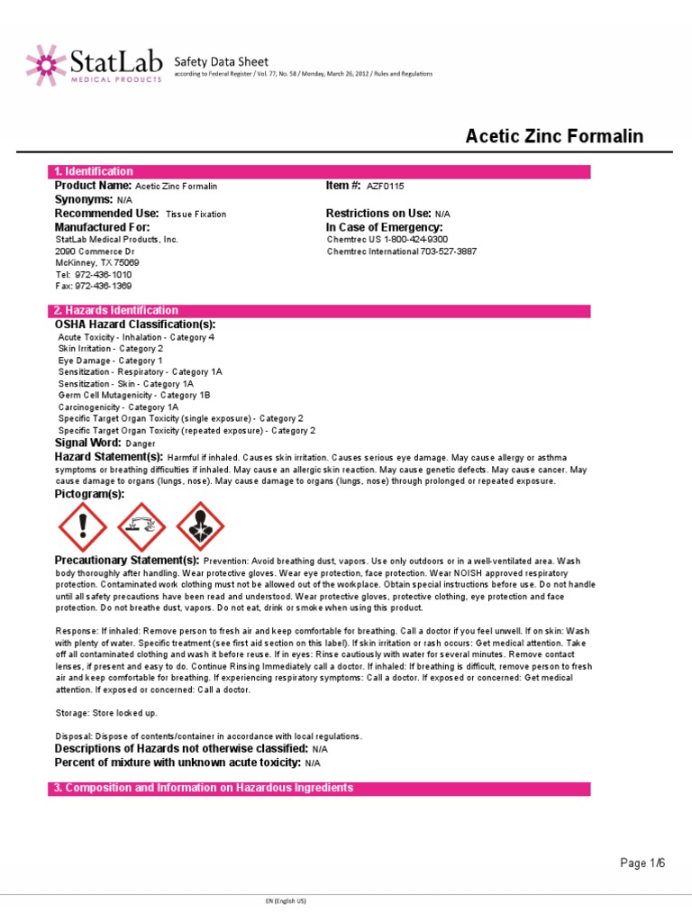 Acetic Zinc Formalin 101314 | PDF | Formaldehyde | Personal Protective ...