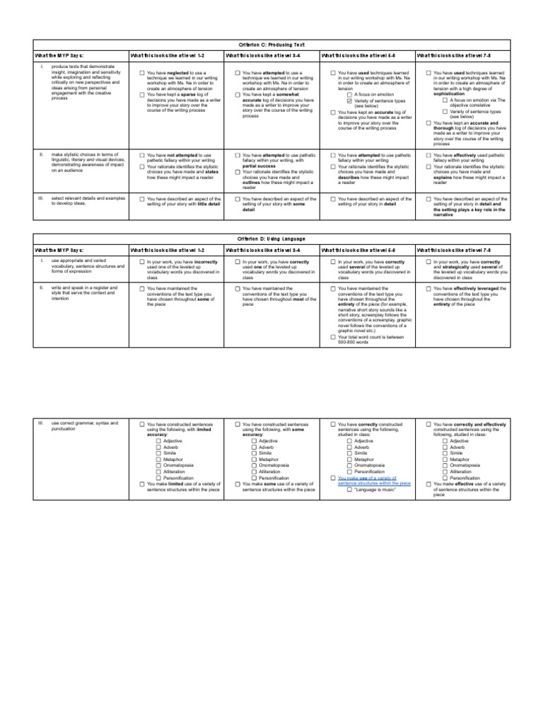 Narrative Fiction Writing - Assessment Rubric | PDF
