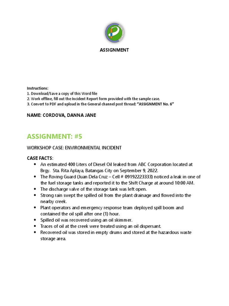 Environmental Incident Report: Diesel Spill | PDF | Science ...