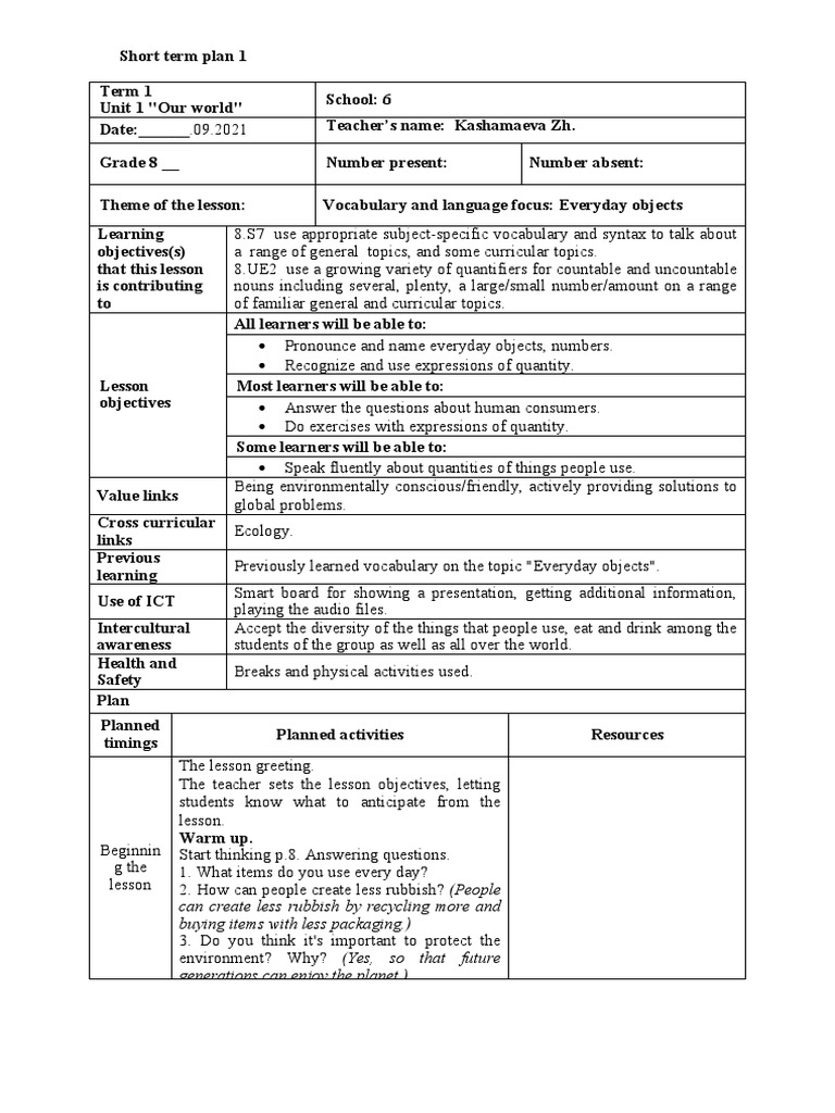 English Plus 8 Lesson Plan | PDF | Learning | Vocabulary