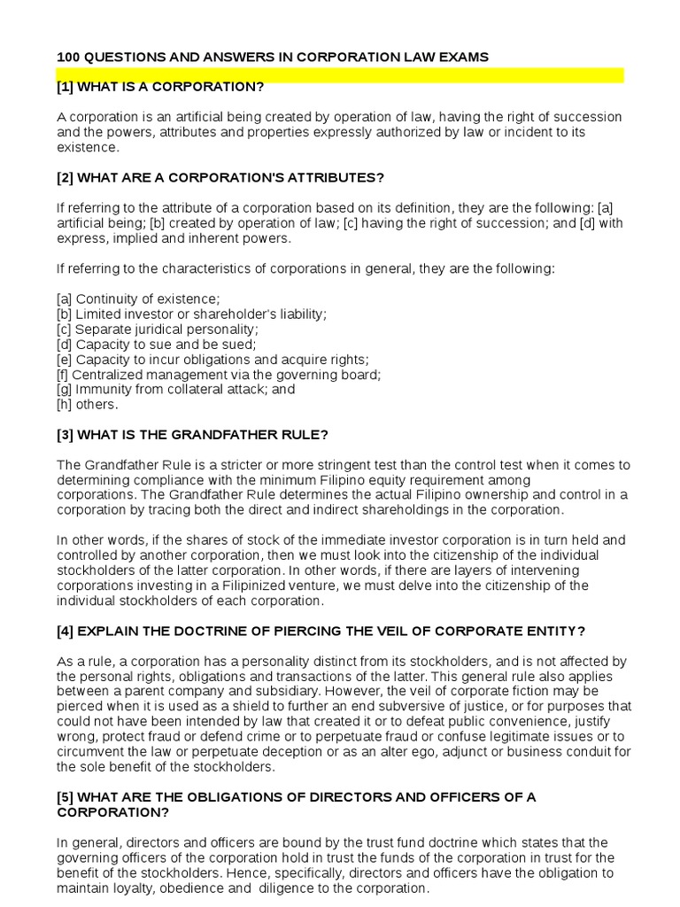 100 Questions and Answers in Corporation Law Exams - Compress | PDF ...