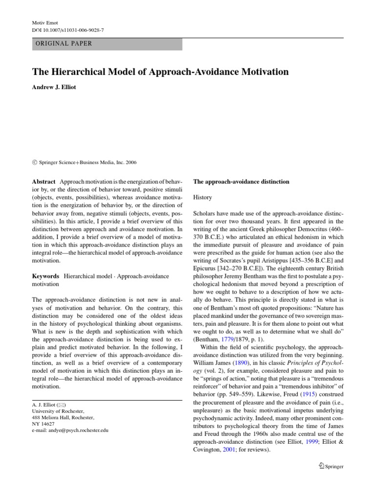 The Hierarchical Model of Approach-Avoidance Motivation | PDF ...