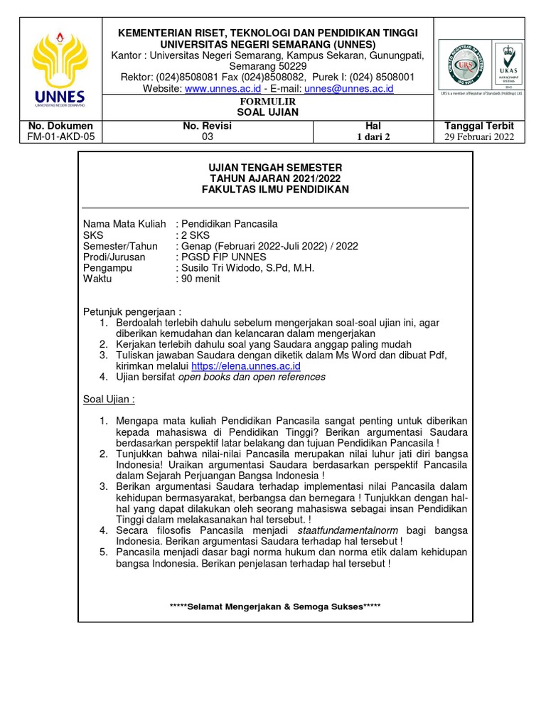 Soal UTS - Pendidikan Pancasila - 2022 | PDF