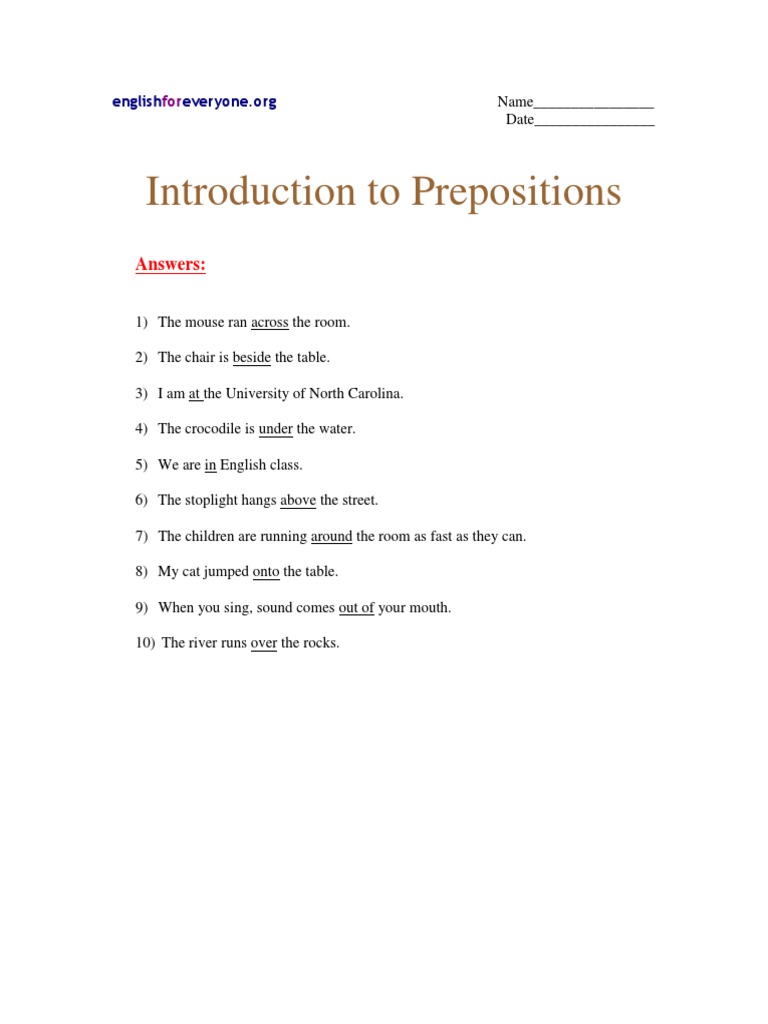 Prepositions - Answers | PDF | Language Arts & Discipline