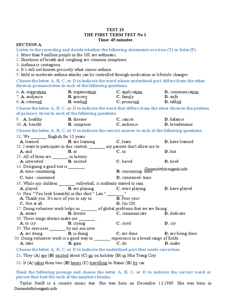 Test 13-THE FIRST TERM TEST No 1 | PDF | Marie Curie