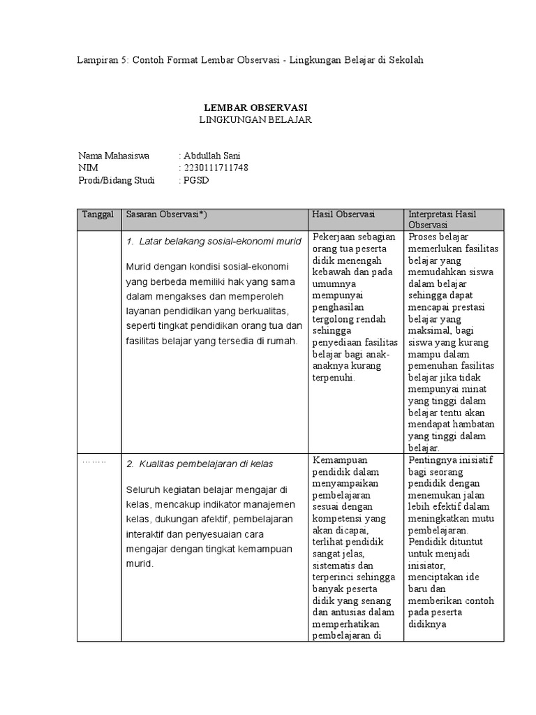 Lampiran 5 - Contoh Format Lembar Observasi Lingkungan Belajar Di ...