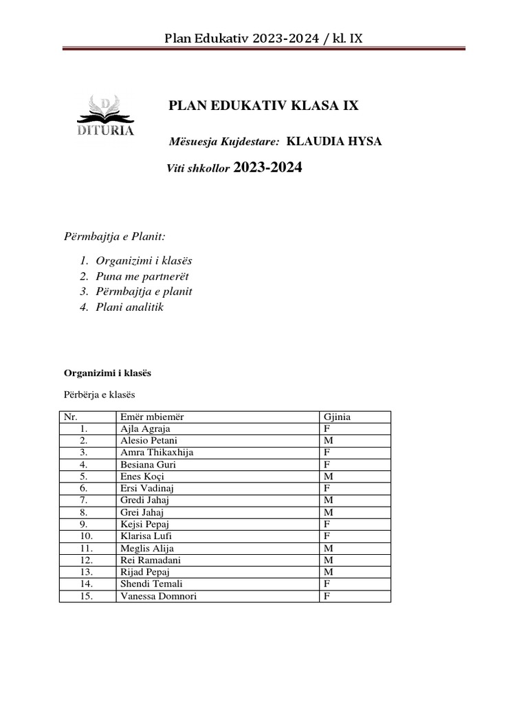 Plani Edukativ 2023-2024 | PDF