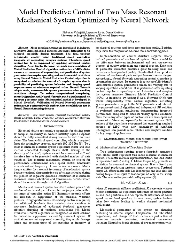 Model Predictive Control of Two Mass Resonant Mechanical System Optimized by Neural Network ...