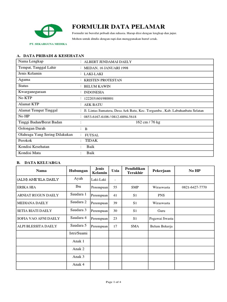 Formulir Data Pelamar 2022 | PDF