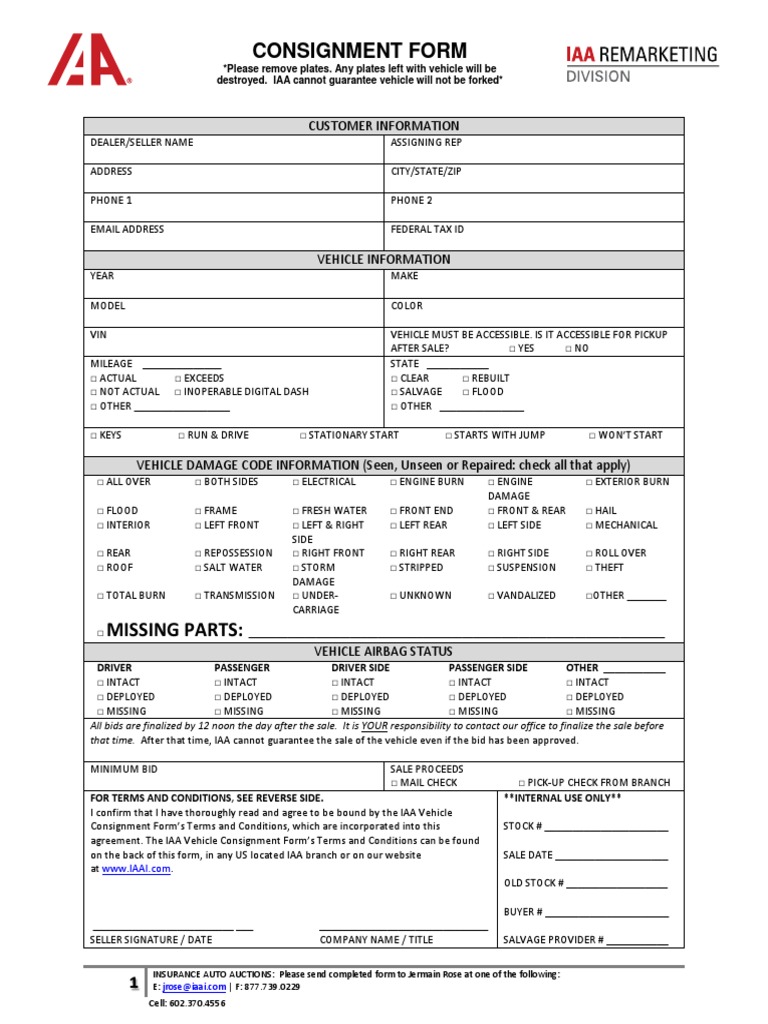 IAA Vehicle Consignment Form | PDF | Insurance | Legal Liability