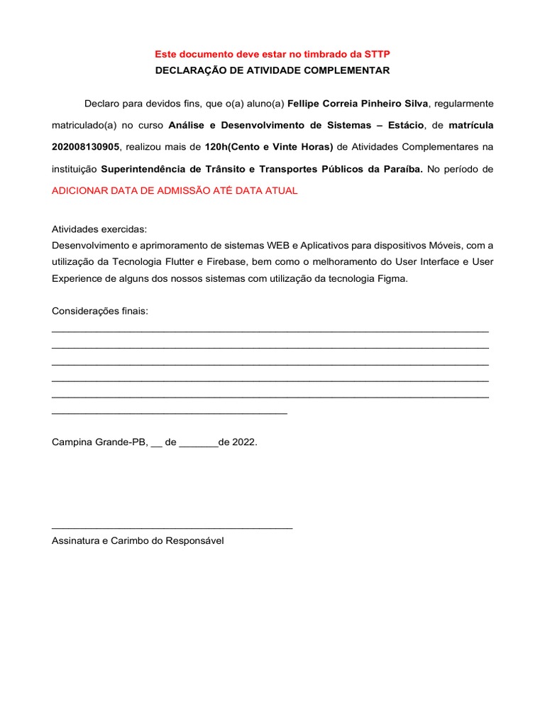 Declaracao de Atividade Complementar | PDF