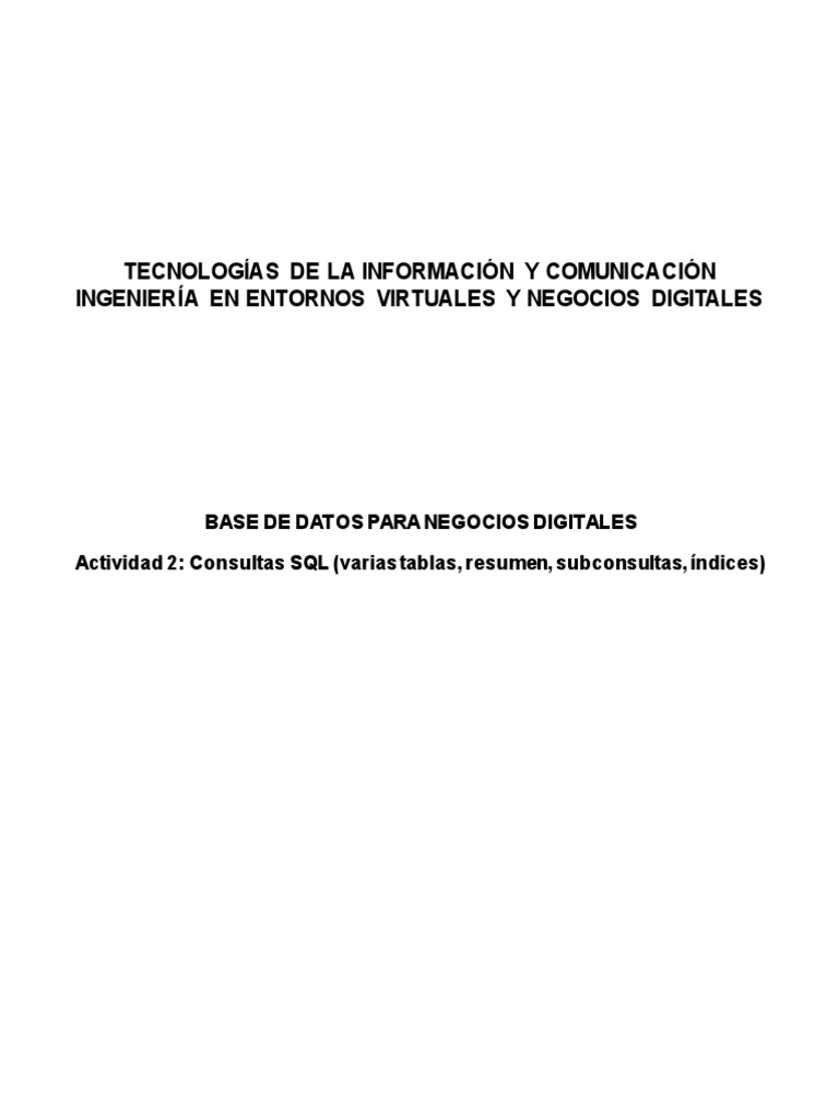 Consultas SQL Varias Tablas, Resumen, Subconsultas, Índices | PDF | SQL ...
