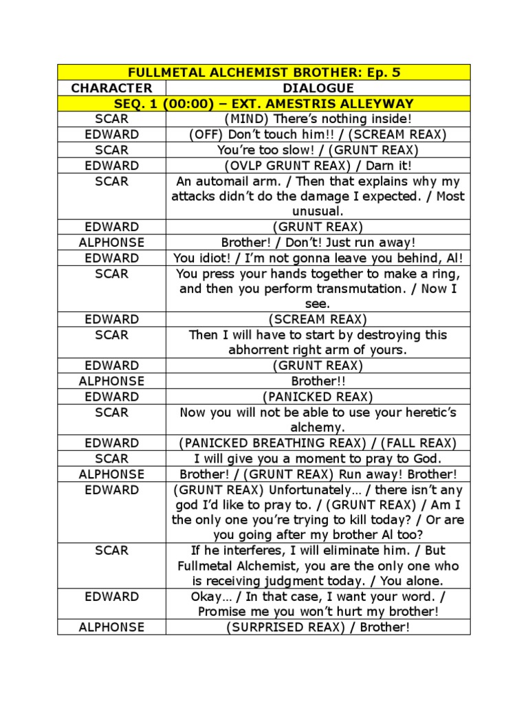 Sample Dubbing Script - Fullmetal Alchemist Brotherhood | PDF