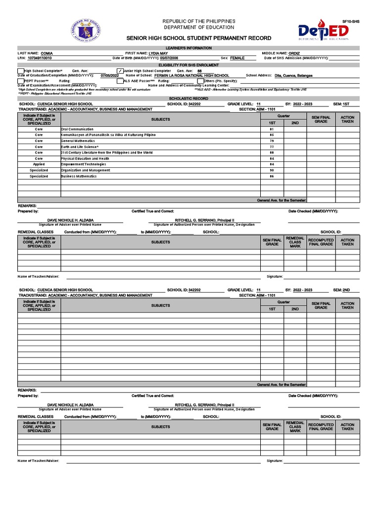 Senior High School Student Permanent Record: Republic of The ...