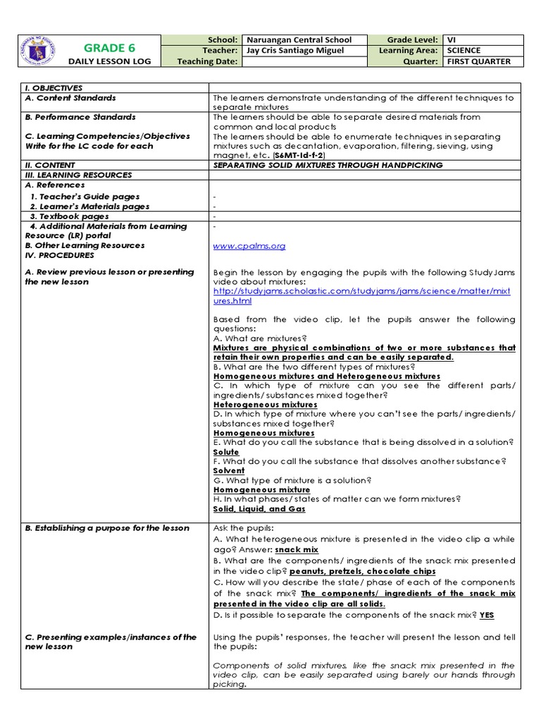 Grade 6 - Separating Mixtures Through Handpicking, Sieving, Winnowing ...