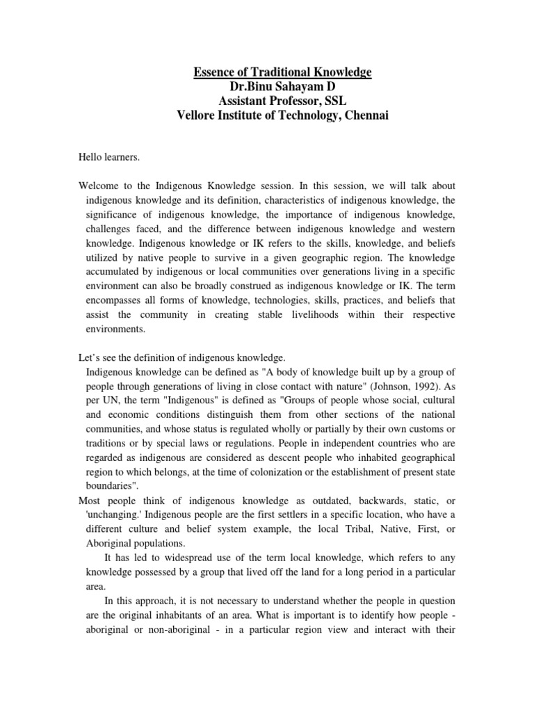Indegenous Knowledge and Traditional Knowledge Vis-A-Vis Indigenous ...