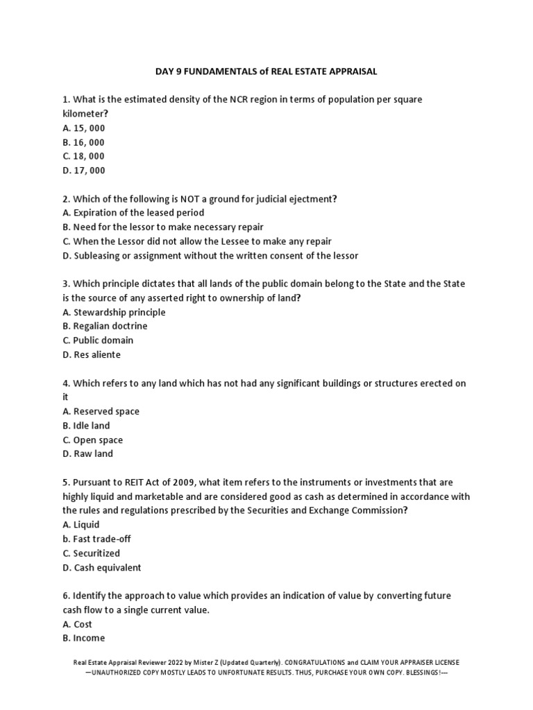 Day 9 Fundamentals of REA Exam | PDF | Real Estate Appraisal | Market Value