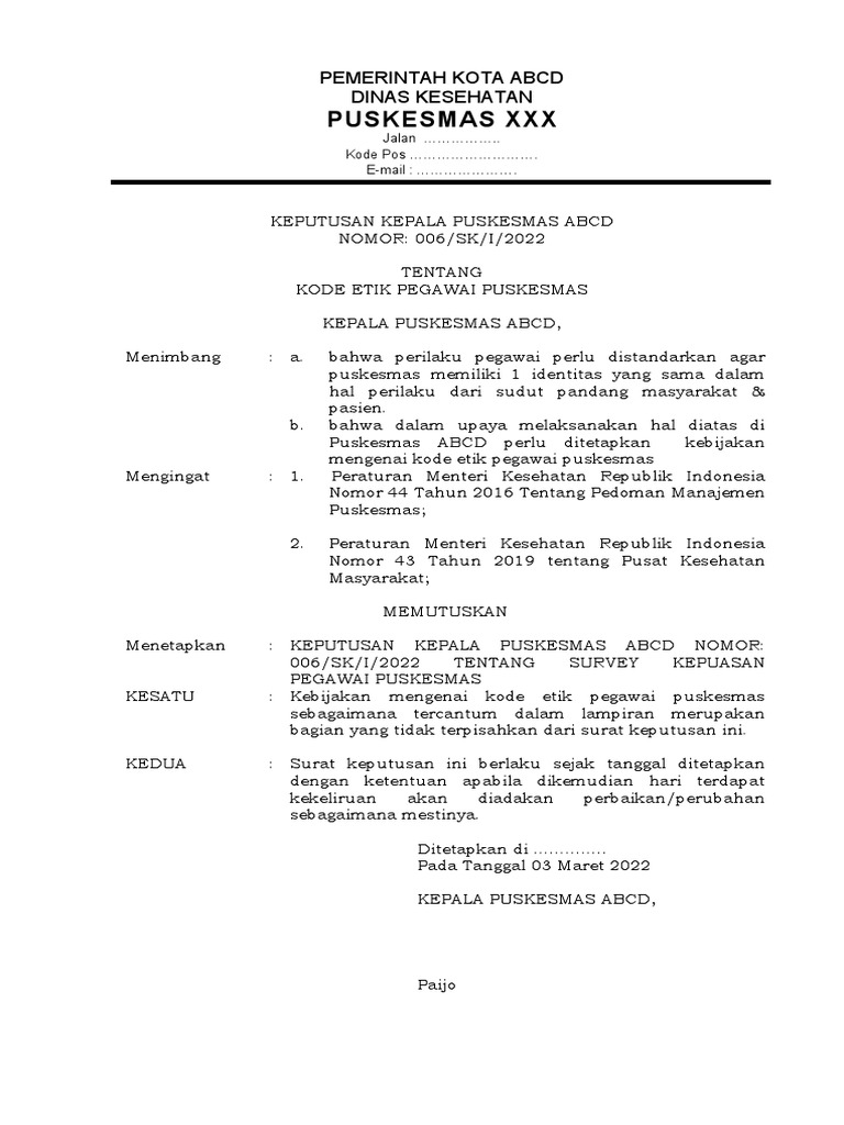 1.2.1.2 SK Kode Etik Karyawan Puskesmas | PDF