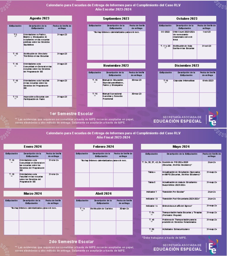 Calendario Escuelas Tareas RLV 2023 2024 | PDF