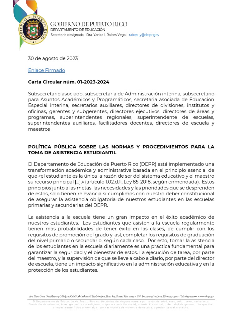 CARTA CIRCULAR NÚM. 01-2023-2024-Firmado | PDF | Estudiantes ...