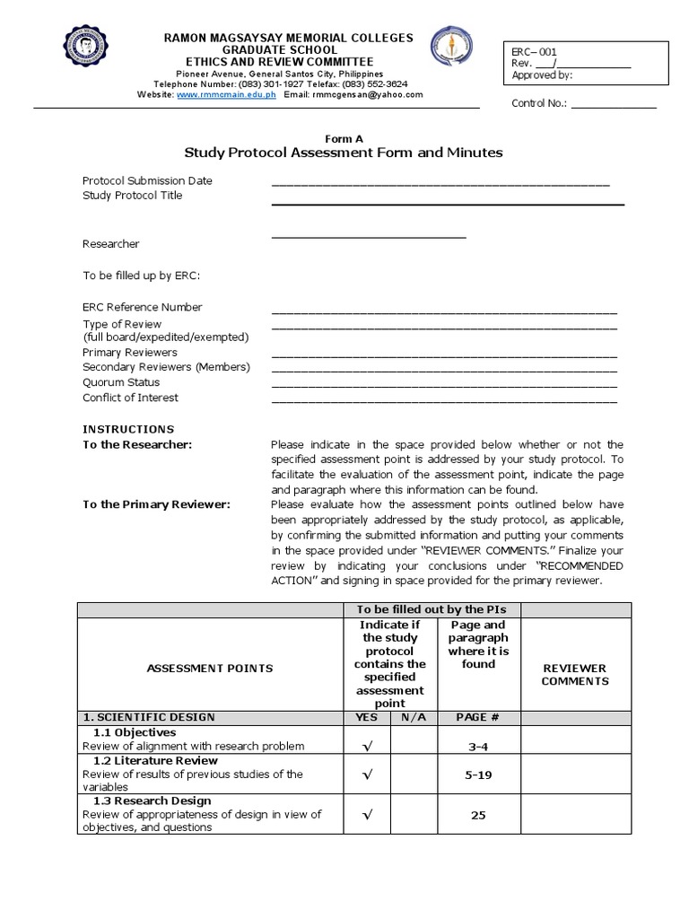ERC Form A - Study Protocol Assessment Form and Minutes | PDF ...