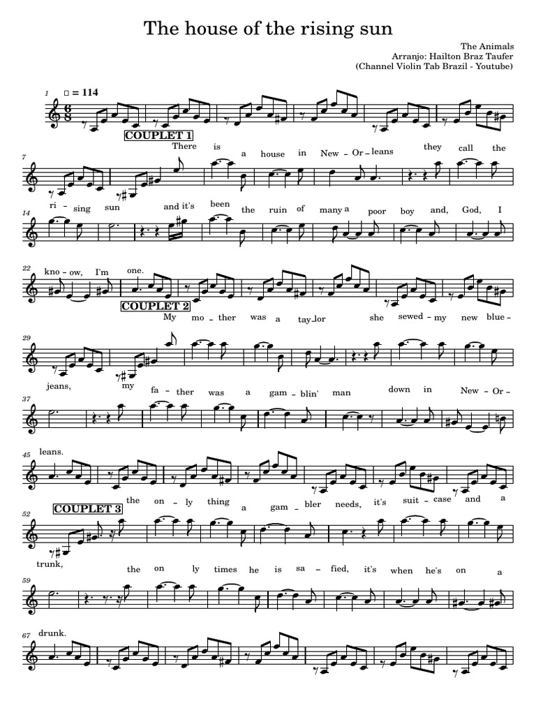 House of The Rising Sun The Animals Channel Violin Tab Brazil Youtube | PDF