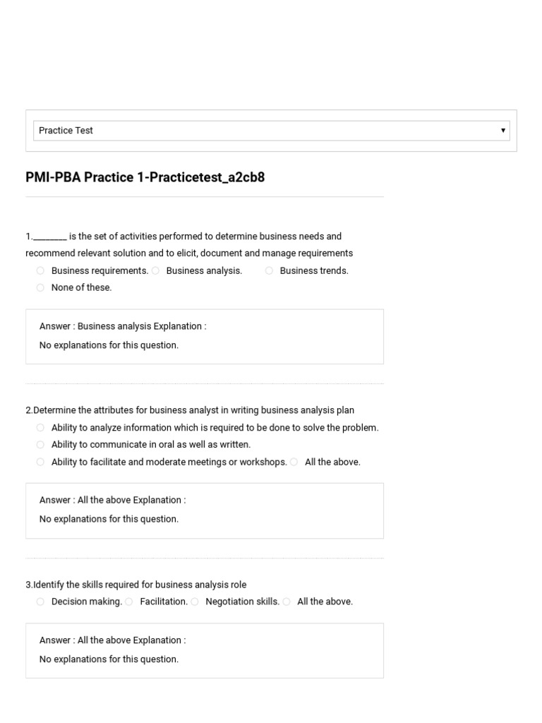 Pmi Pba Sample Test 2 X 100 Q A Pdf Business Analysis Benchmarking 