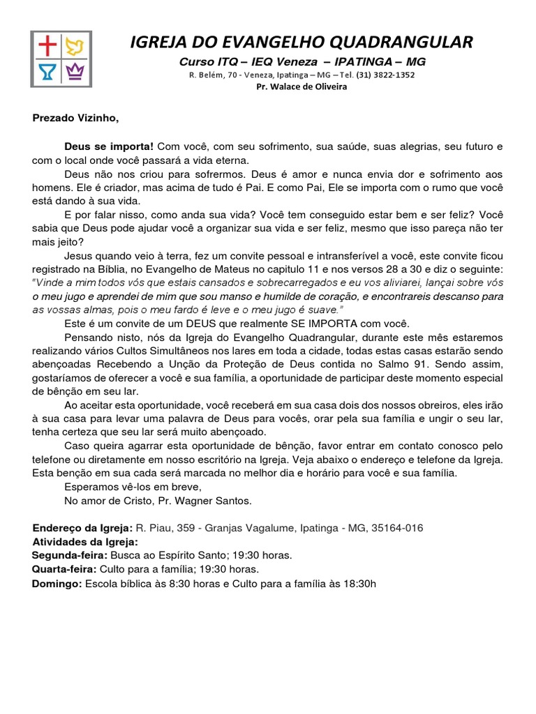 Trabalho ITQ - MODELO CARTA CONVITE AOS VIZINHOS | PDF | Deus | Igreja cristã