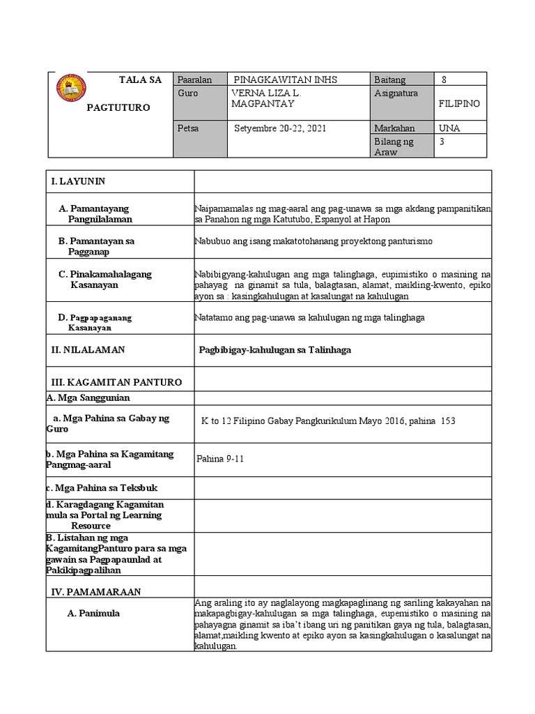 Filipino 8 Lesson Exemplar MELC 2 | PDF