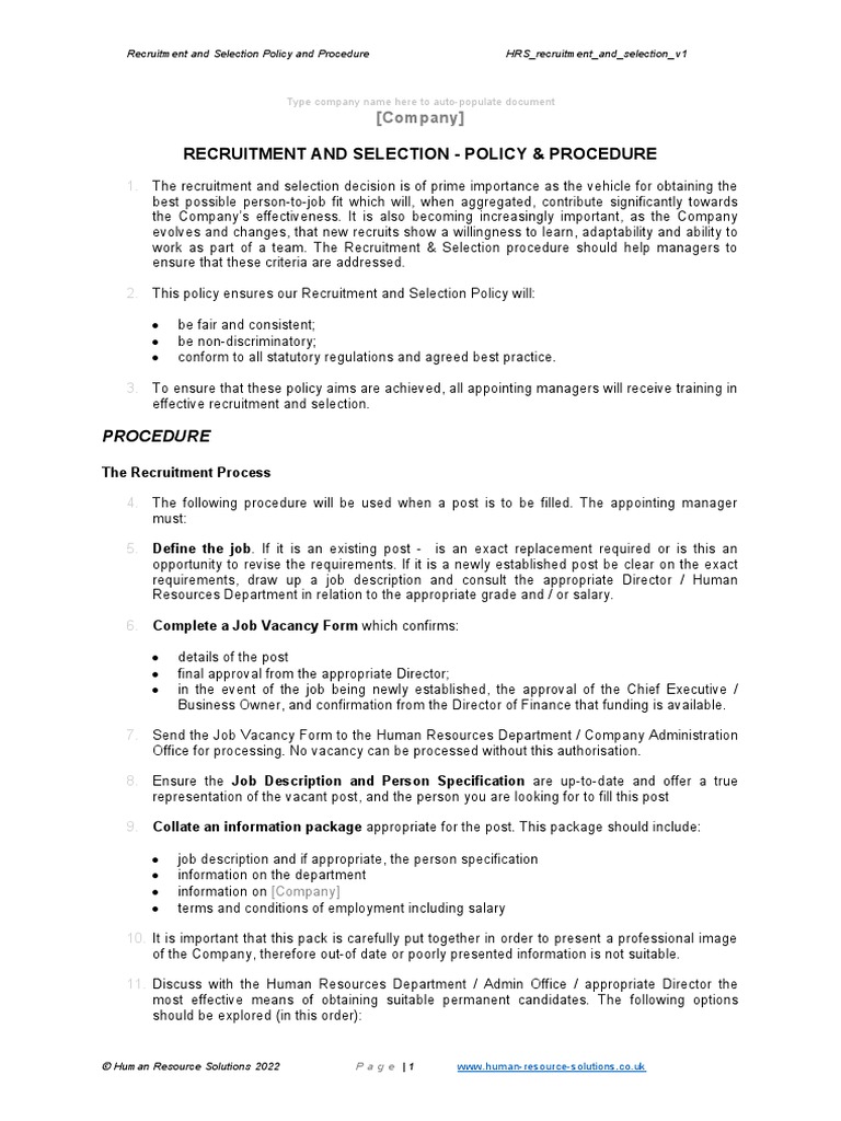 HRS Recruitment and Selection Guide | PDF | Recruitment | Employment