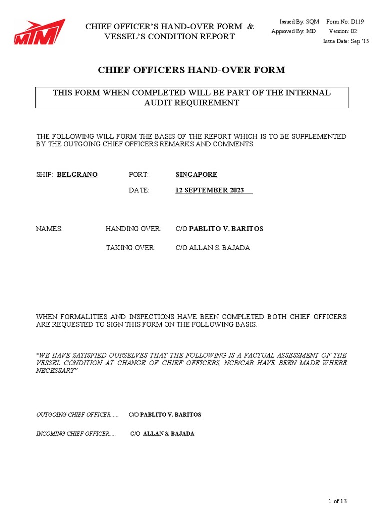 BEL - Chief Officer's Hand Over Form SINGAPORE 12 Sept - 2023 | PDF ...