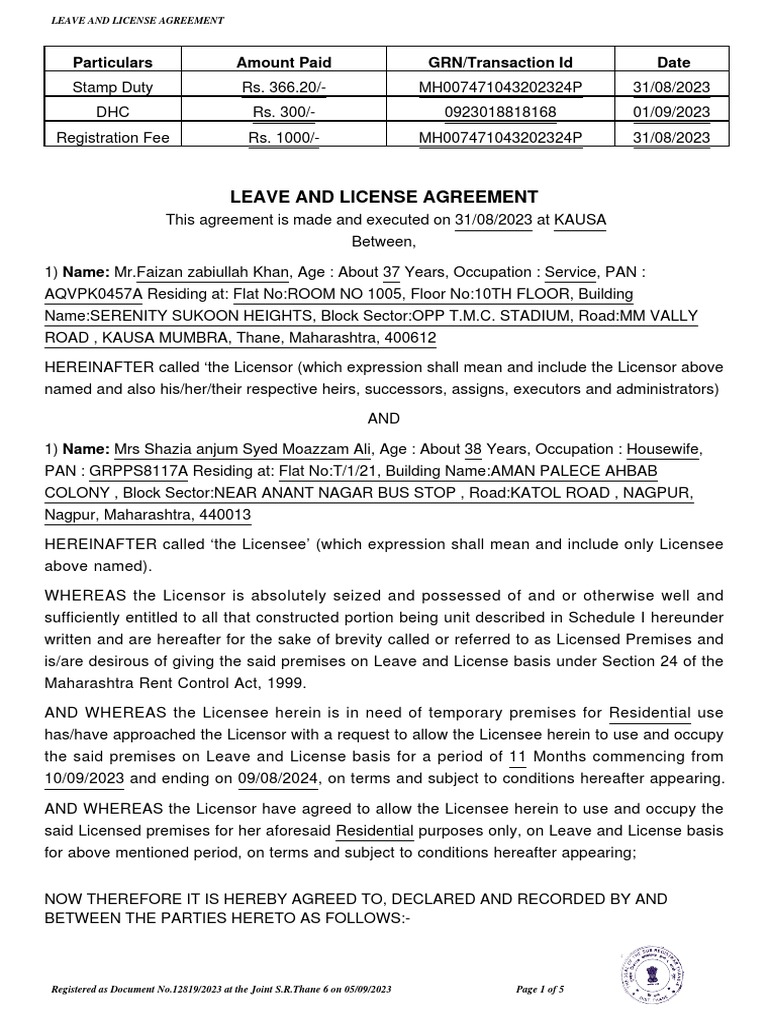 Leave and License Agreement: Particulars Amount Paid GRN/Transaction Id ...