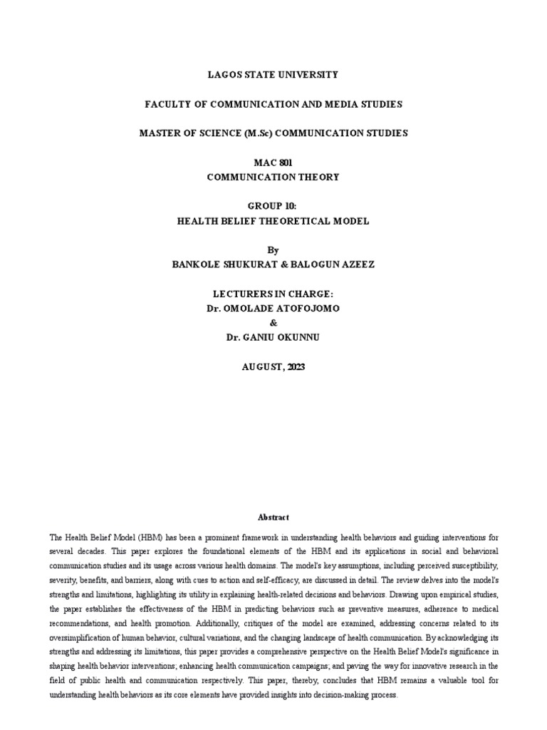 Health Belief Theoretical Model - Group 10 - Balogun & Bankole.. Edited ...