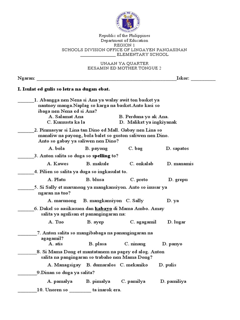 1st Quarter Exam MTB 2 | PDF
