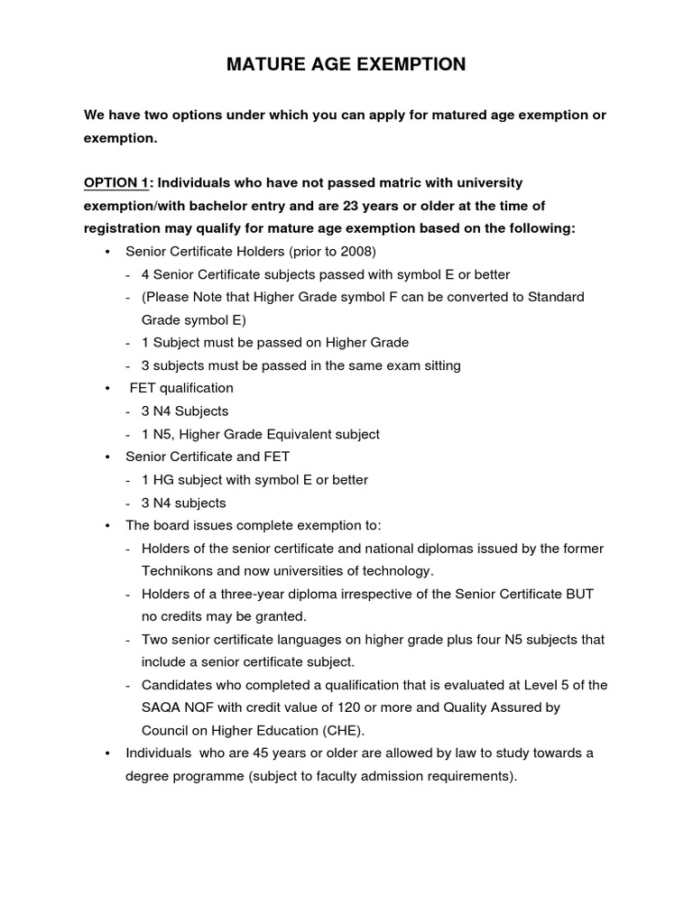Mature Age Exemption Application Guide | PDF | Identity Document | Diploma