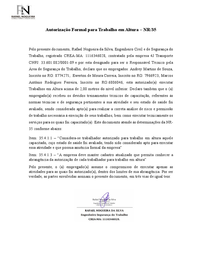 Autorização Formal para Trabalho em Altura | PDF