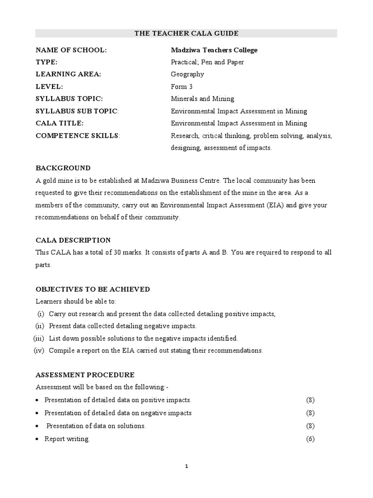 The Teacher Cala Guide On Eia | PDF | Environmental Impact Assessment | Mining