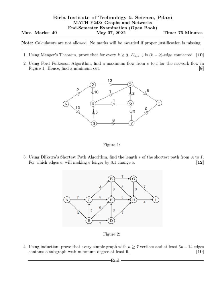 Graph Theory Exam for BITS Pilani Students | PDF