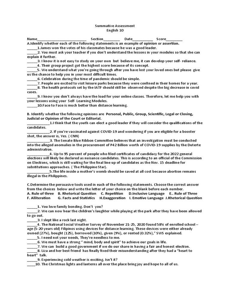 English 10 Summative Assessment Guide | PDF