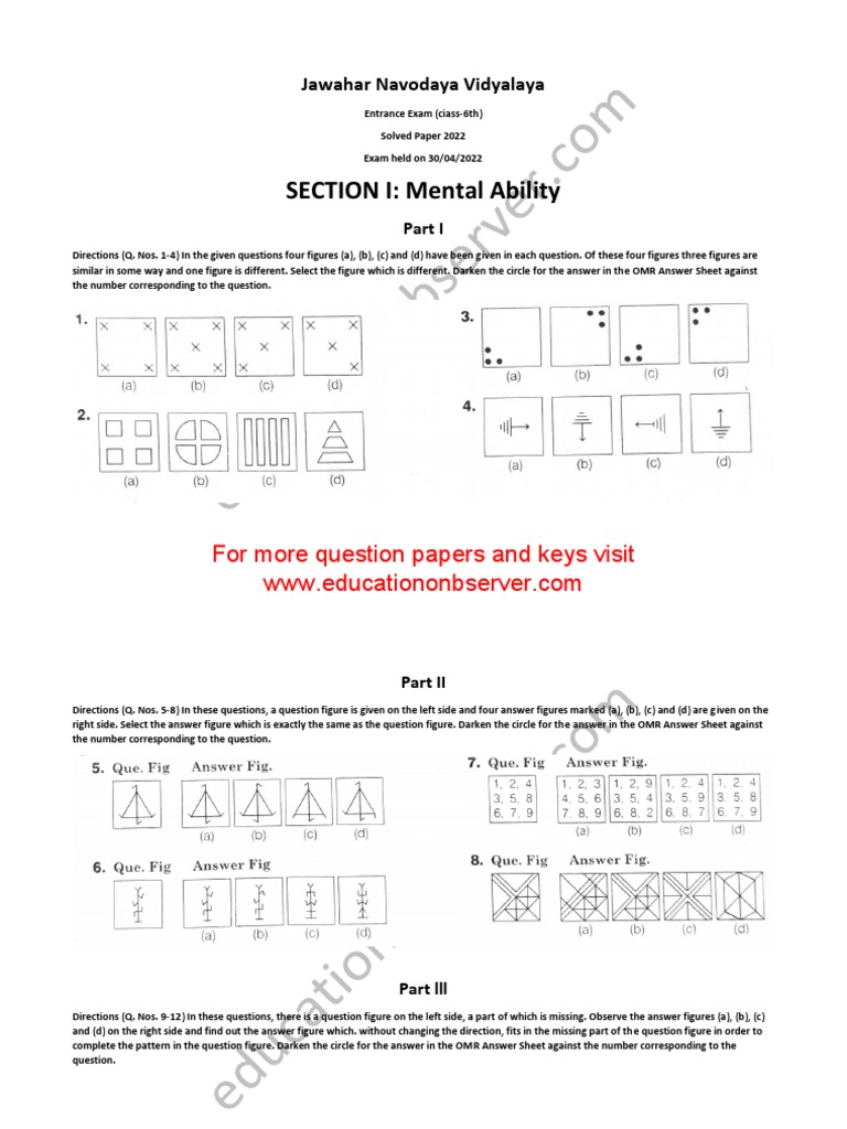 Navodaya Class 6 Exam Solved Paper 2022 | PDF