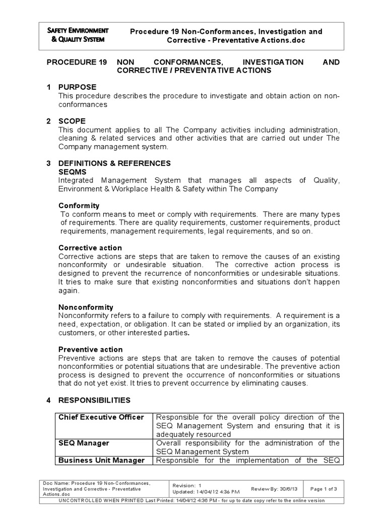 Procedure 19 Non-Conformances, Investigation and Corrective ... Procedure 19 Non-Conformances, Investigation and Corrective ...