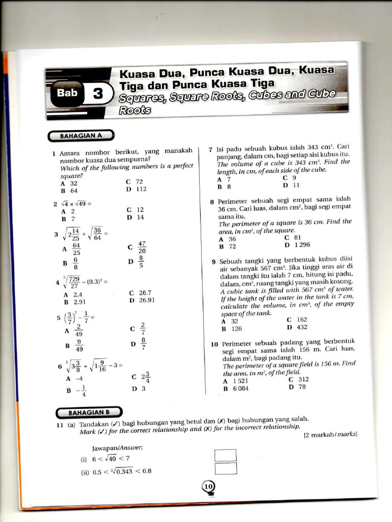 Math Form 1 Bab 3 Latihan Kuasa Dua, Punca Kuasa Dua, Kuasa Tiga Dan Punca Kuasa Tiga Part 1 | PDF