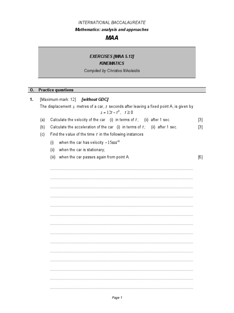 Kinematics Practice Questions for IB Math | PDF | Velocity | Kinematics
