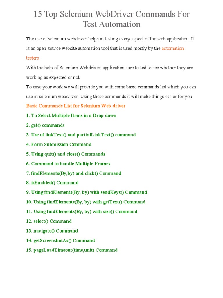 15 Top Selenium Webdriver Commands For Test Automation Pdf Computers