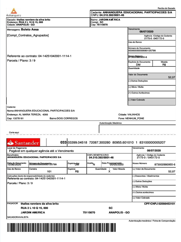 Boleto-Anhanguera | PDF
