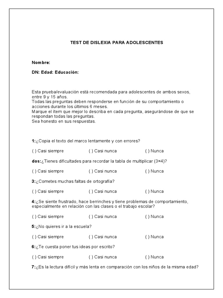 Test de Dislexia para Adolescentes | PDF | Puntuación | Comunicación humana