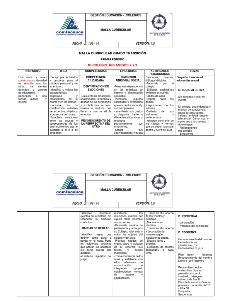 P-1 Malla Curricular Transición Cualificada 2023-2024 | PDF | Las emociones | Educación de la ...