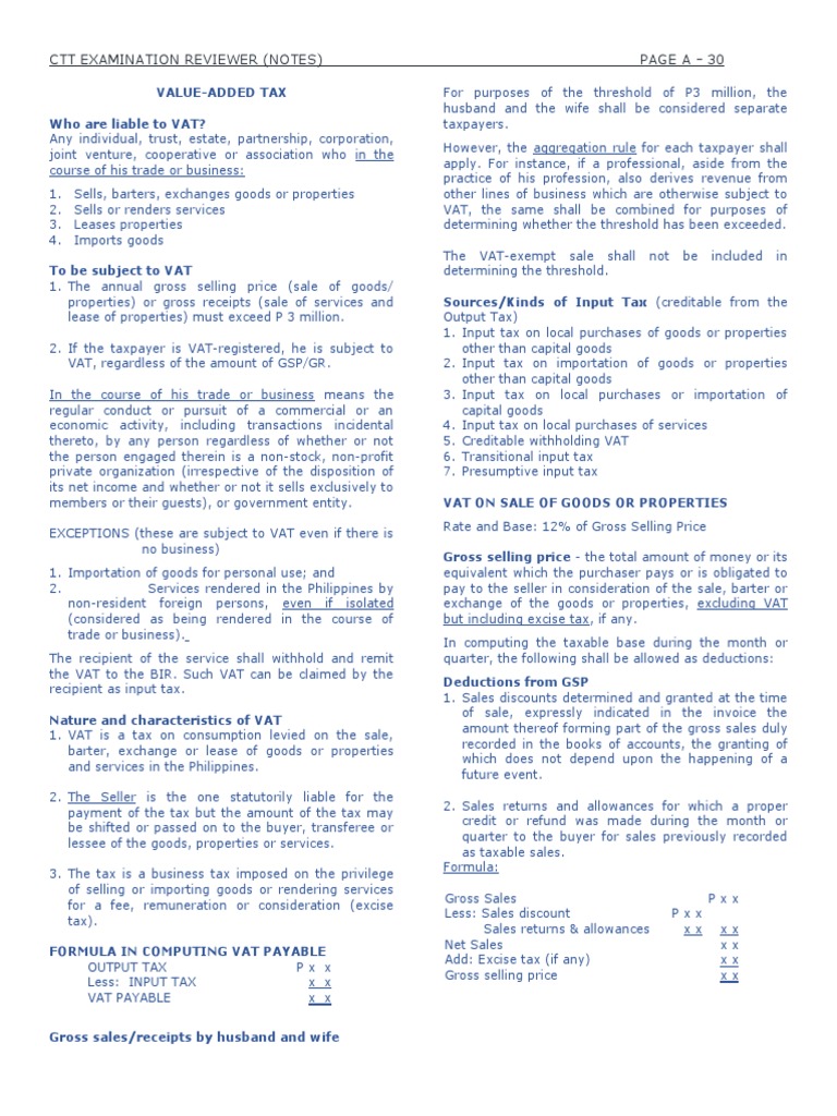 CTT Examination Reviewer (Notes) Page A - 30 | PDF | Value Added Tax ...
