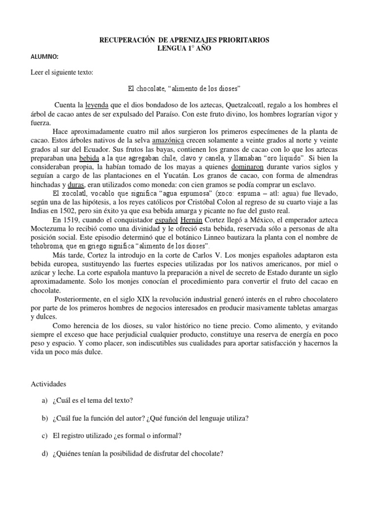 Recuperación de Aprenizajes Prioritarios Texto El Chocolate | PDF ...